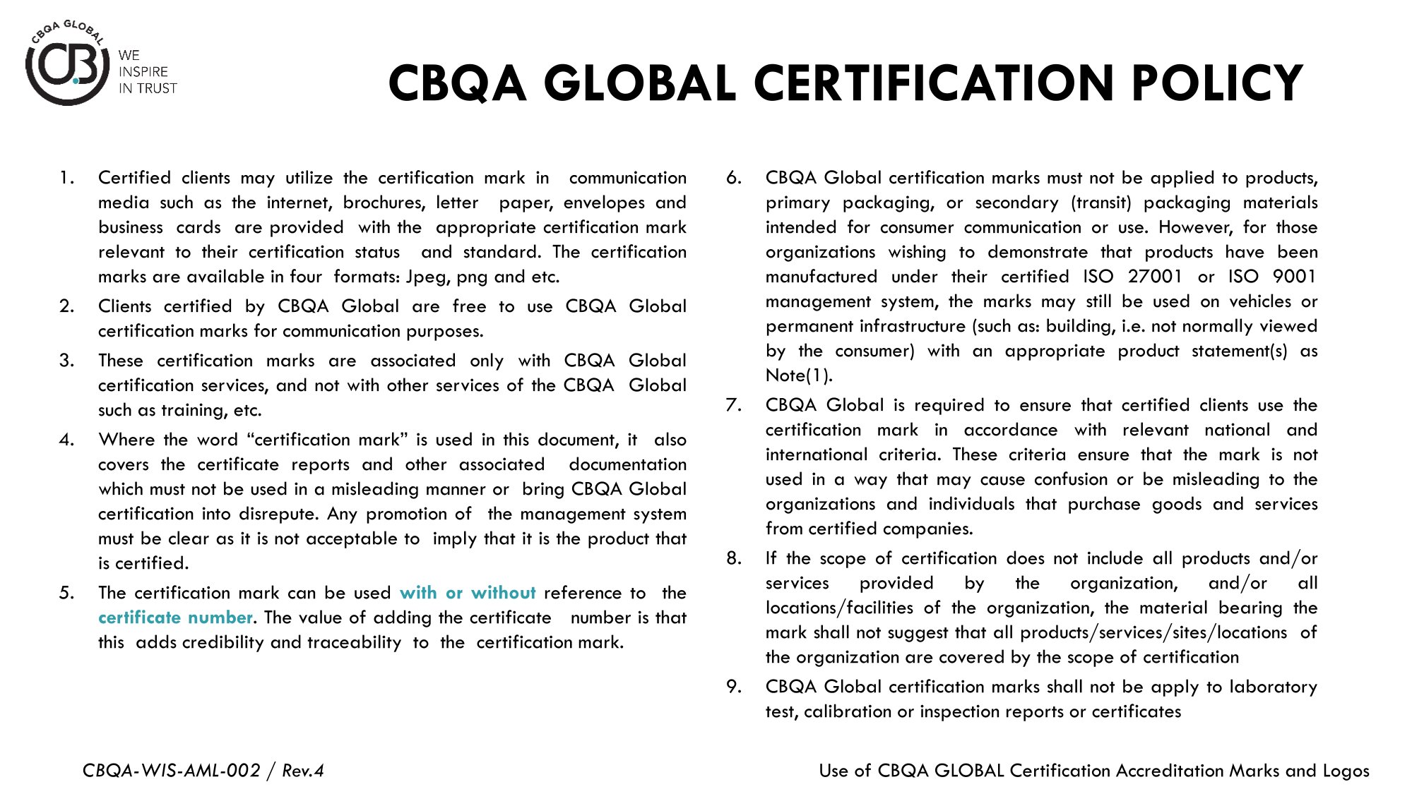 Use of Certification Mark - CBQA Global